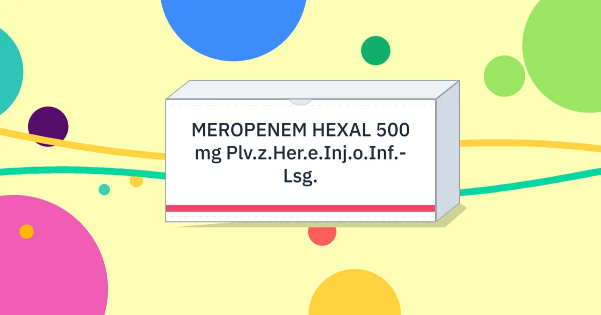 Symbolbild: Packung mit der Aufschrift MEROPENEM HEXAL 500 mg Plv.z.Her.e.Inj.o.Inf.-Lsg. (PZN 19949801) – Verfügbarkeit und Bezug in Apotheken in Frankfurt am Main