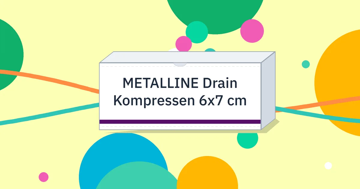 Symbolbild: Packung mit der Aufschrift METALLINE Drain Kompressen 6x7 cm (PZN 03316206) – Verfügbarkeit und Bezug in Apotheken in Frankfurt am Main