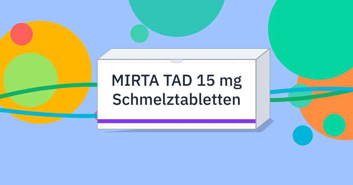 Symbolbild: Packung mit der Aufschrift MIRTA TAD 15 mg Schmelztabletten (PZN 06477192) – Verfügbarkeit und Bezug in Apotheken in Frankfurt am Main