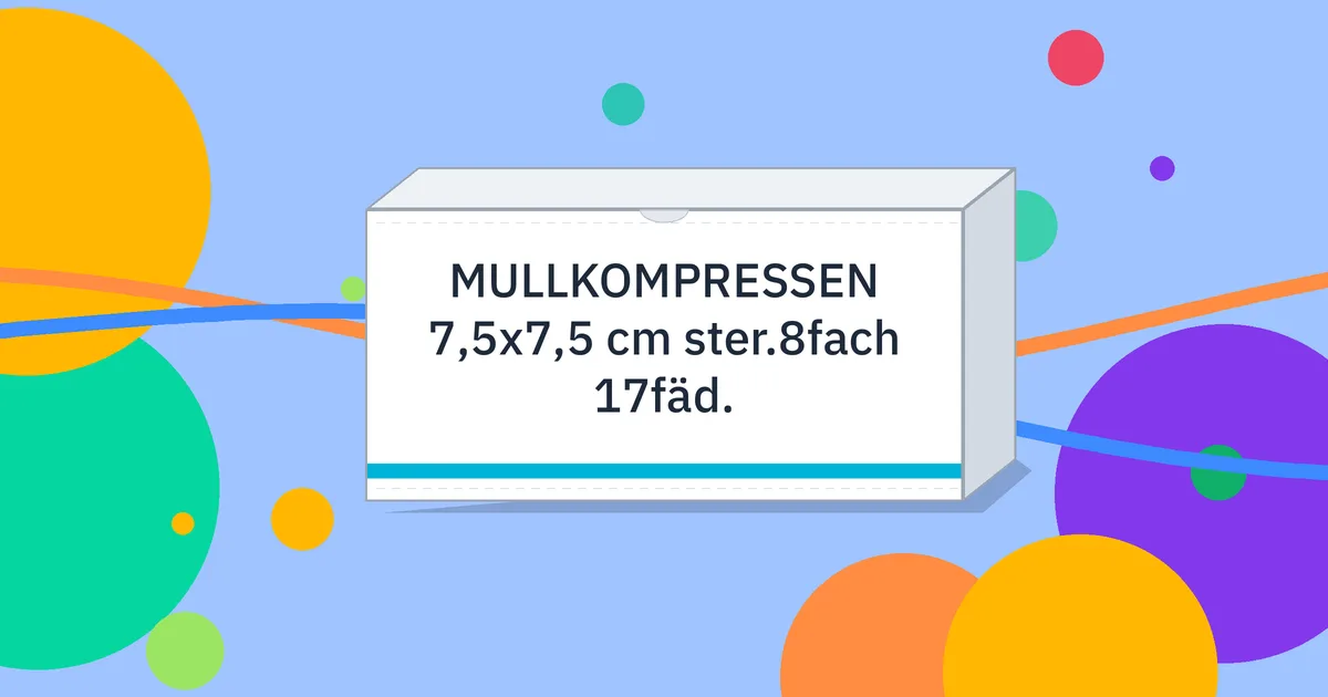 Symbolbild: Packung mit der Aufschrift MULLKOMPRESSEN 7,5x7,5 cm ster.8fach 17fäd. (PZN 06929346) – Verfügbarkeit und Bezug in Apotheken in Frankfurt am Main