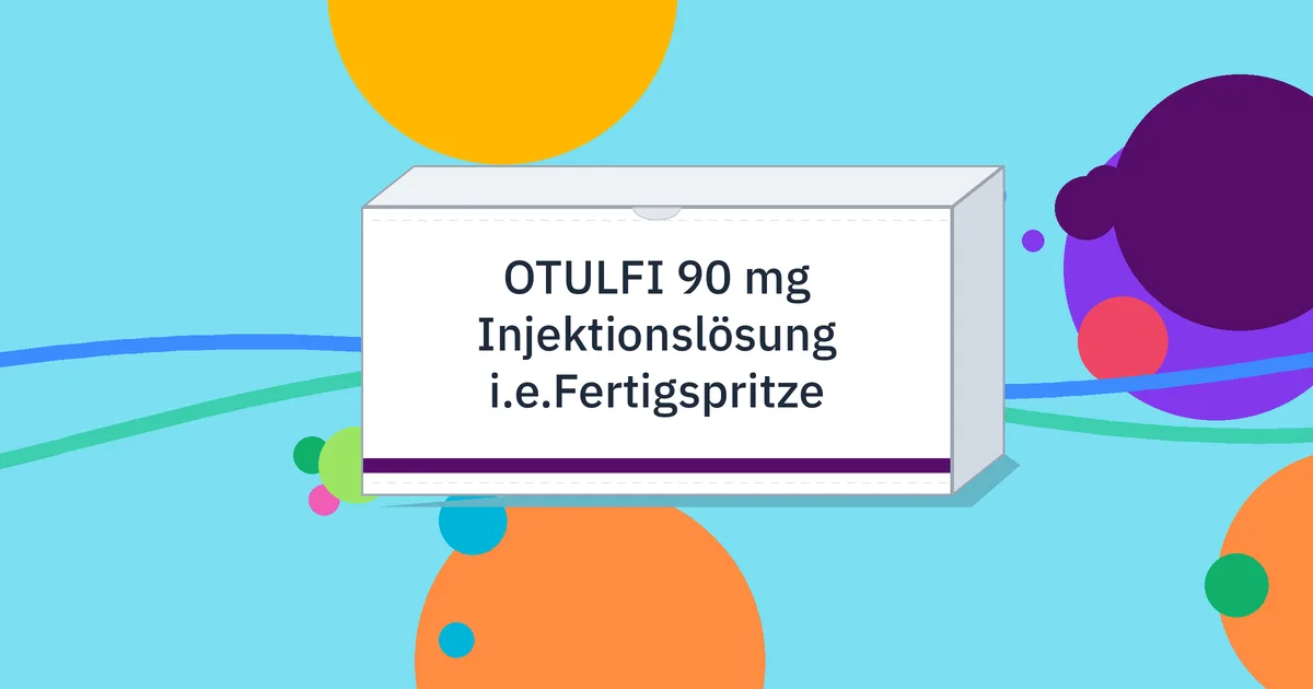 Symbolbild: Packung mit der Aufschrift OTULFI 90 mg Injektionslösung i.e.Fertigspritze (PZN 20136902) – Verfügbarkeit und Bezug in Apotheken in Frankfurt am Main