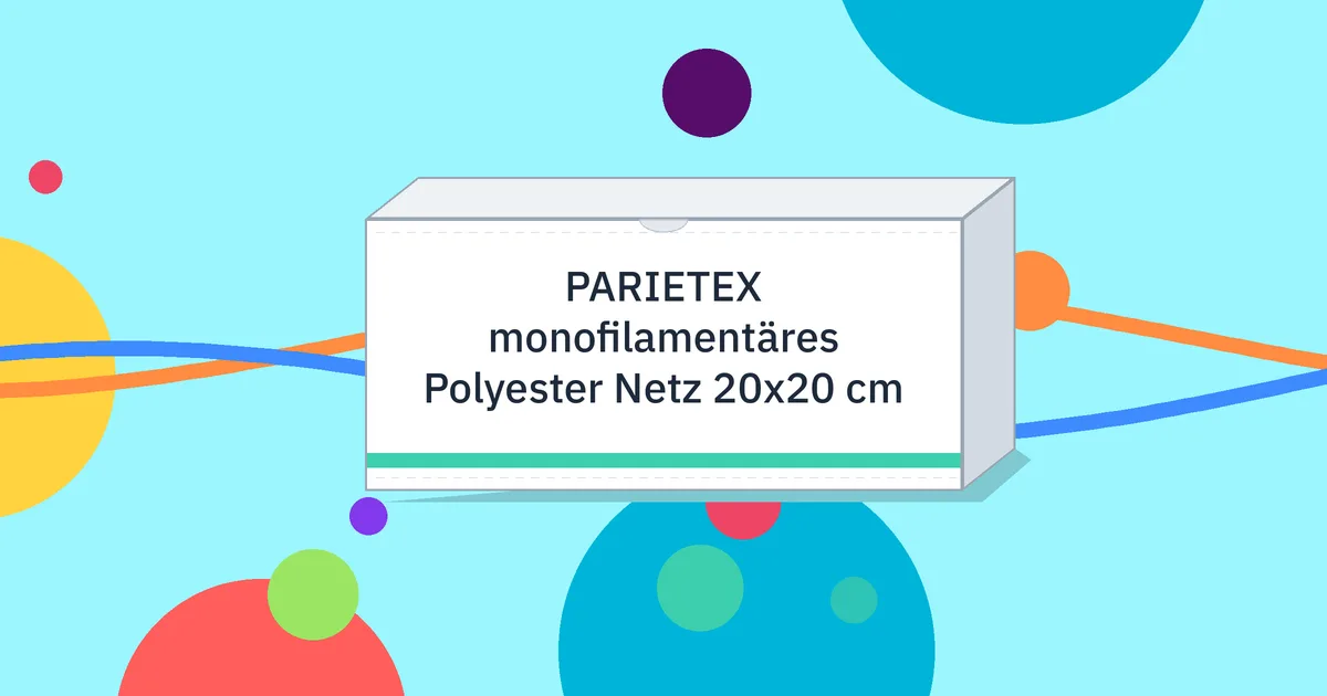 Symbolbild: Packung mit der Aufschrift PARIETEX monofilamentäres Polyester Netz 20x20 cm (PZN 07602995) – Verfügbarkeit und Bezug in Apotheken in Frankfurt am Main