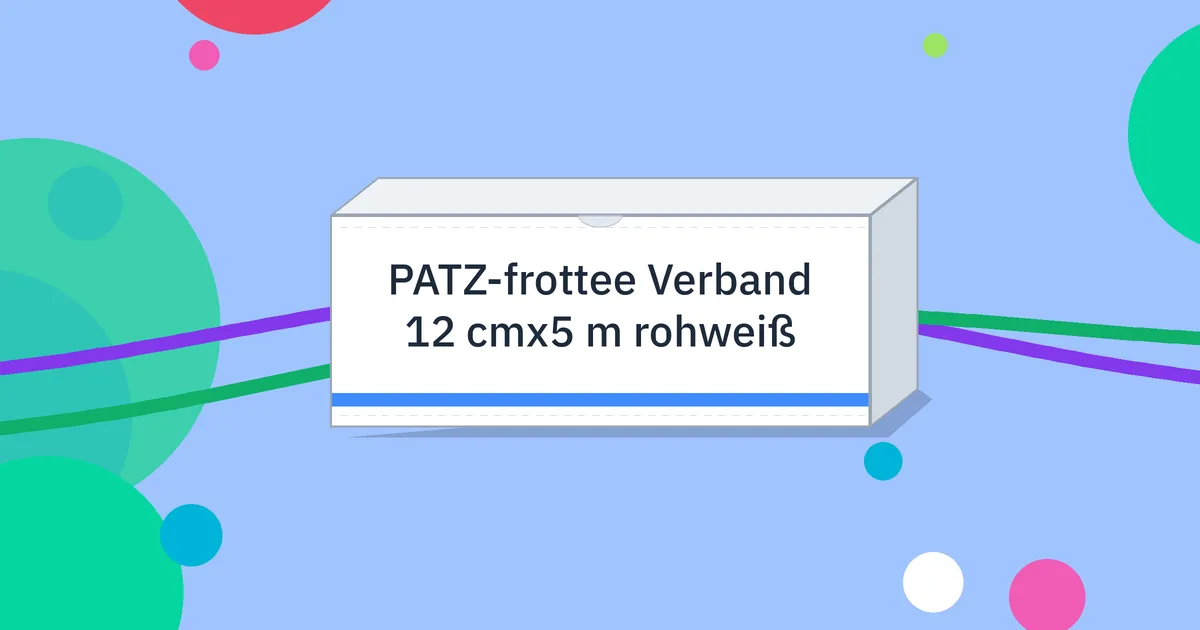Symbolbild: Packung mit der Aufschrift PATZ-frottee Verband 12 cmx5 m rohweiß (PZN 06815393) – Verfügbarkeit und Bezug in Apotheken in Frankfurt am Main