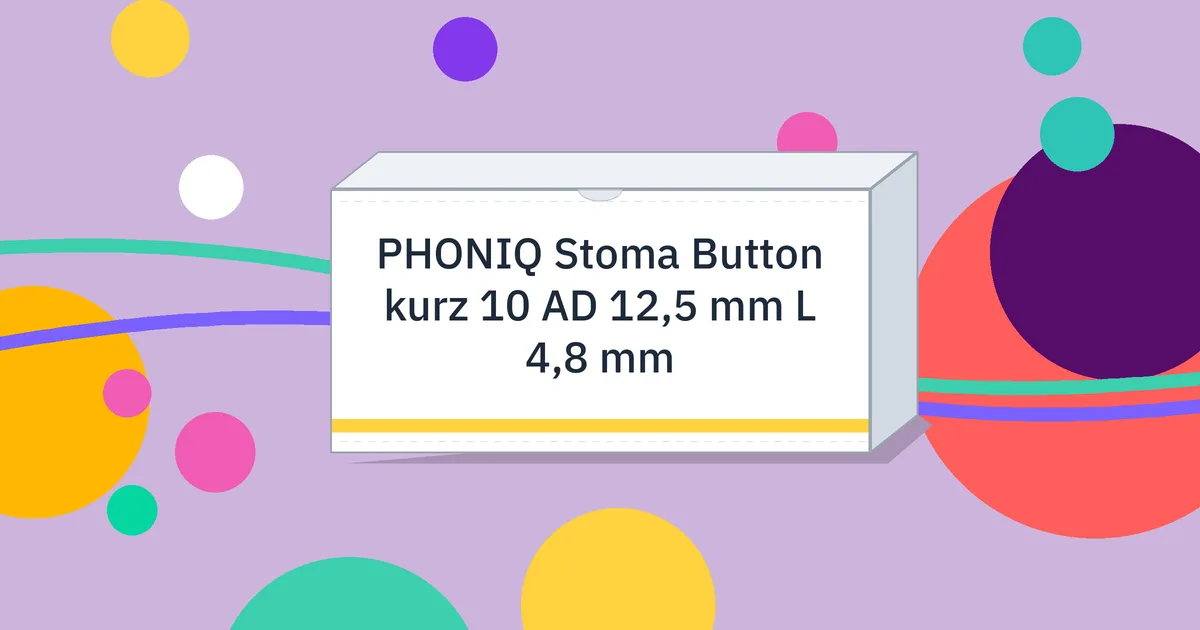 Symbolbild: Packung mit der Aufschrift PHONIQ Stoma Button kurz 10 AD 12,5 mm L 4,8 mm (PZN 17381532) – Verfügbarkeit und Bezug in Apotheken in Frankfurt am Main