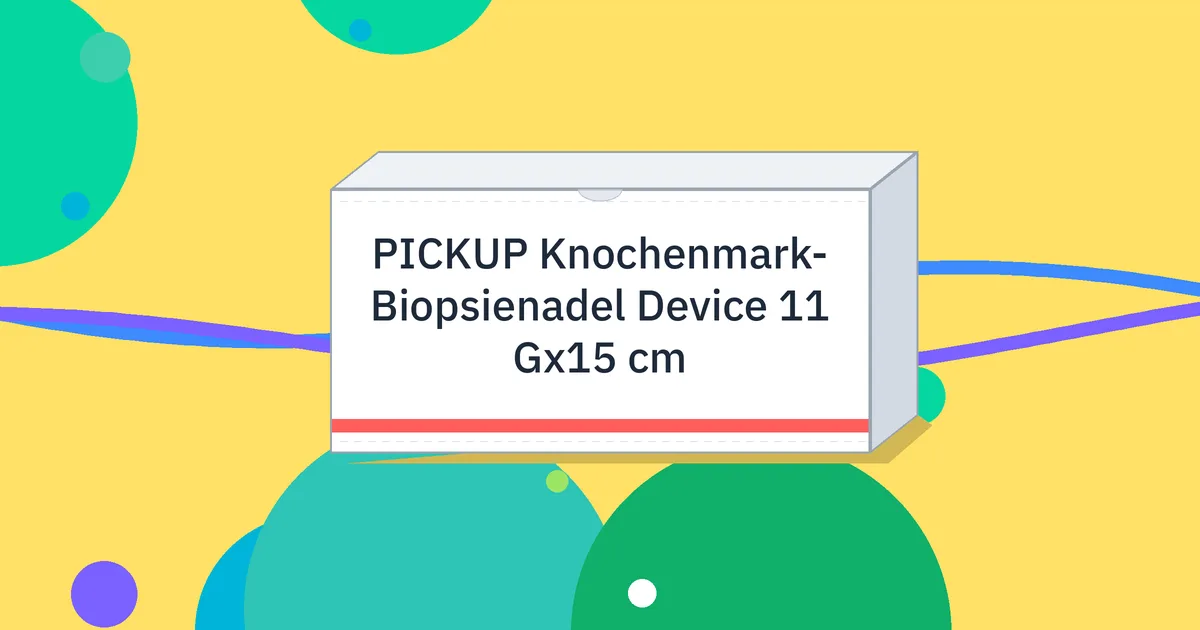 Symbolbild: Packung mit der Aufschrift PICKUP Knochenmark-Biopsienadel Device 11 Gx15 cm (PZN 16946831) – Verfügbarkeit und Bezug in Apotheken in Frankfurt am Main