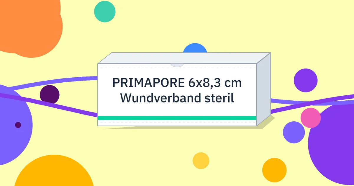 Symbolbild: Packung mit der Aufschrift PRIMAPORE 6x8,3 cm Wundverband steril (PZN 17833299) – Verfügbarkeit und Bezug in Apotheken in Frankfurt am Main