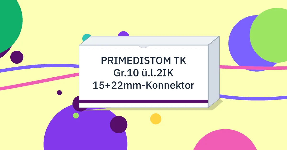 Symbolbild: Packung mit der Aufschrift PRIMEDISTOM TK Gr.10 ü.l.2IK 15+22mm-Konnektor (PZN 10928157) – Verfügbarkeit und Bezug in Apotheken in Frankfurt am Main