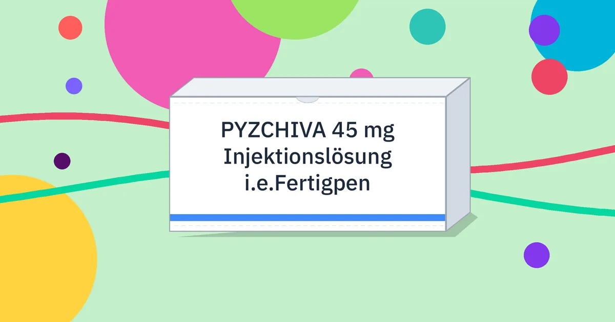 Symbolbild: Packung mit der Aufschrift PYZCHIVA 45 mg Injektionslösung i.e.Fertigpen (PZN 20126915) – Verfügbarkeit und Bezug in Apotheken in Frankfurt am Main