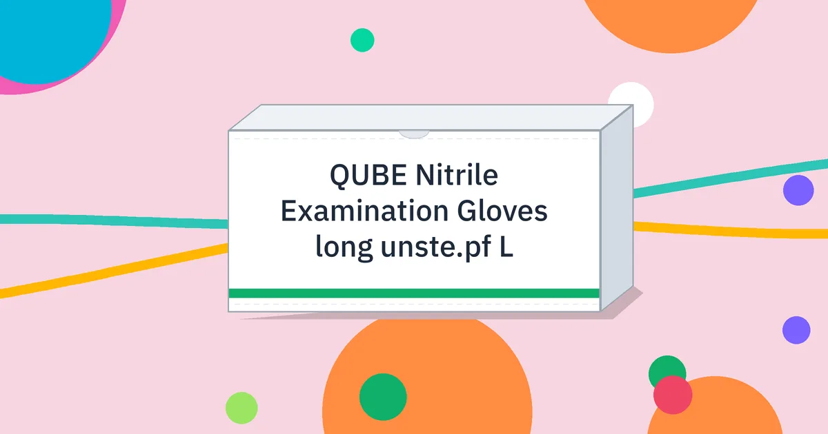 Symbolbild: Packung mit der Aufschrift QUBE Nitrile Examination Gloves long unste.pf L (PZN 18797217) – Verfügbarkeit und Bezug in Apotheken in Frankfurt am Main