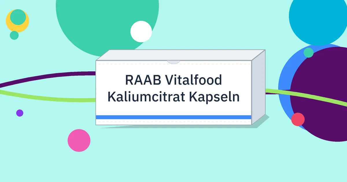 Symbolbild: Packung mit der Aufschrift RAAB Vitalfood Kaliumcitrat Kapseln (PZN 19461413) – Verfügbarkeit und Bezug in Apotheken in Frankfurt am Main