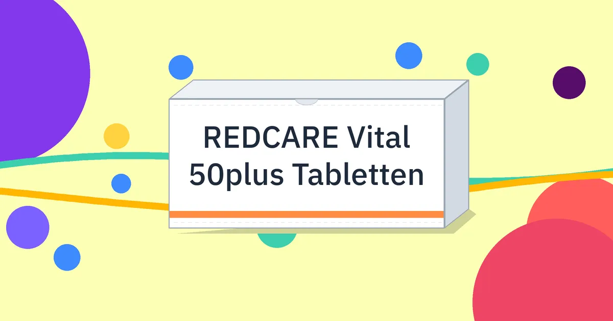 Symbolbild: Packung mit der Aufschrift REDCARE Vital 50plus Tabletten (PZN 19482208) – Verfügbarkeit und Bezug in Apotheken in Frankfurt am Main