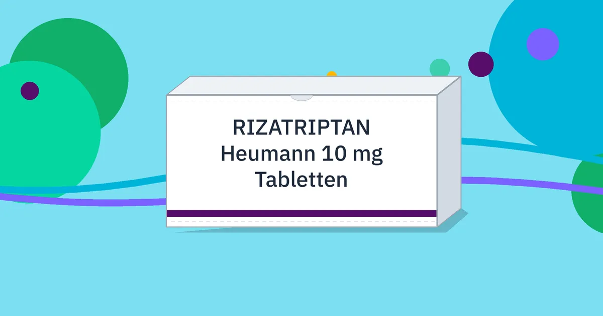 Symbolbild: Packung mit der Aufschrift RIZATRIPTAN Heumann 10 mg Tabletten (PZN 11871318) – Verfügbarkeit und Bezug in Apotheken in Frankfurt am Main