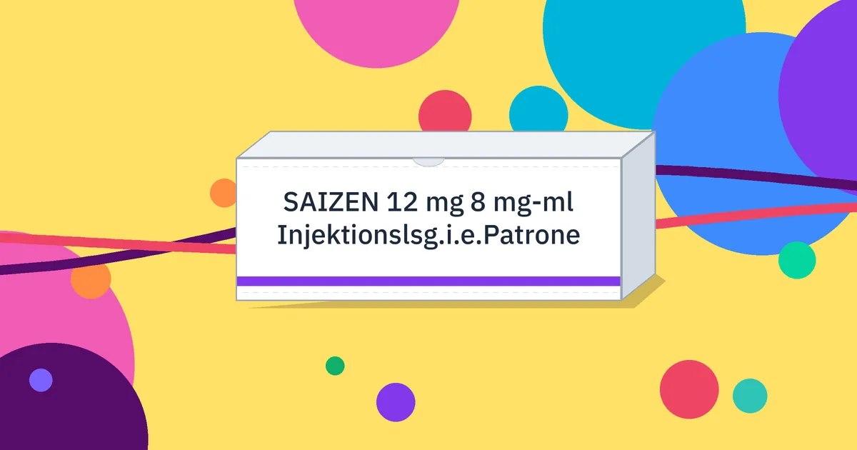 Symbolbild: Packung mit der Aufschrift SAIZEN 12 mg 8 mg-ml Injektionslsg.i.e.Patrone (PZN 10541493) – Verfügbarkeit und Bezug in Apotheken in Frankfurt am Main