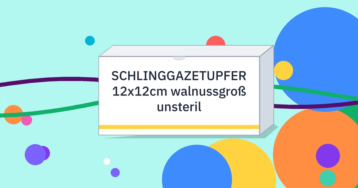 Symbolbild: Packung mit der Aufschrift SCHLINGGAZETUPFER 12x12cm walnussgroß unsteril (PZN 16145309) – Verfügbarkeit und Bezug in Apotheken in Frankfurt am Main