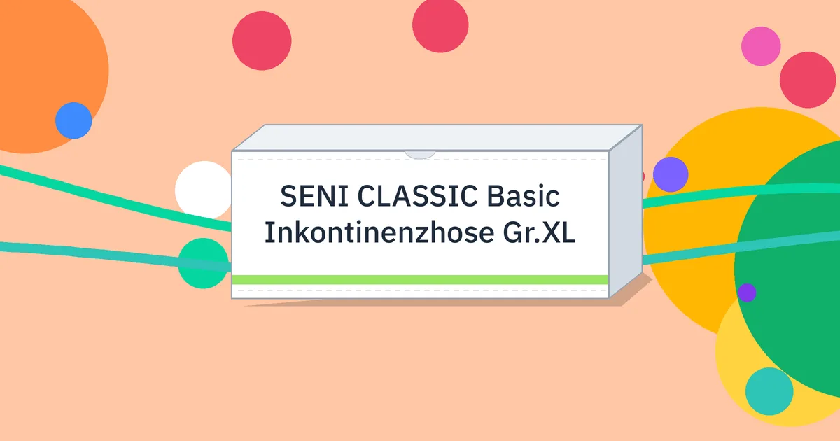 Symbolbild: Packung mit der Aufschrift SENI CLASSIC Basic Inkontinenzhose Gr.XL (PZN 15565972) – Verfügbarkeit und Bezug in Apotheken in Frankfurt am Main