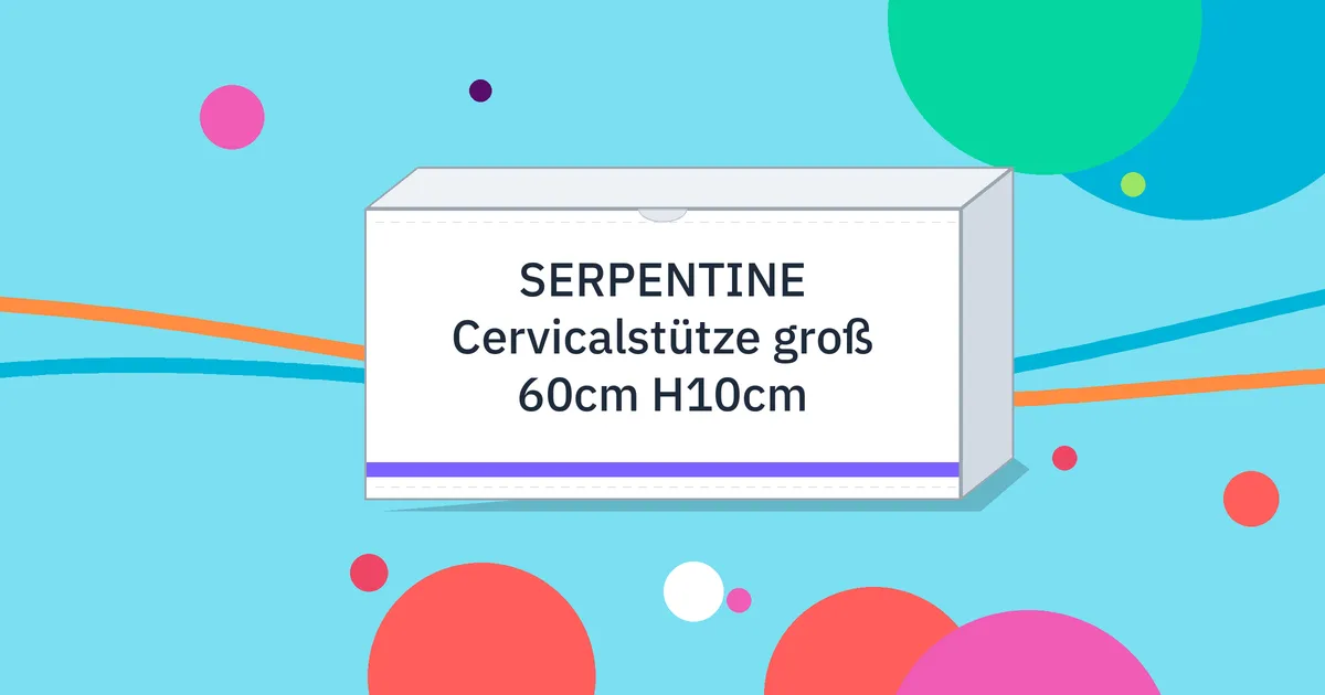 Symbolbild: Packung mit der Aufschrift SERPENTINE Cervicalstütze groß 60cm H10cm (PZN 04498221) – Verfügbarkeit und Bezug in Apotheken in Frankfurt am Main