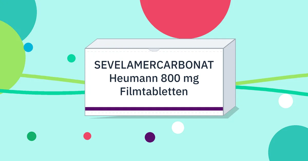 Symbolbild: Packung mit der Aufschrift SEVELAMERCARBONAT Heumann 800 mg Filmtabletten (PZN 18820933) – Verfügbarkeit und Bezug in Apotheken in Frankfurt am Main