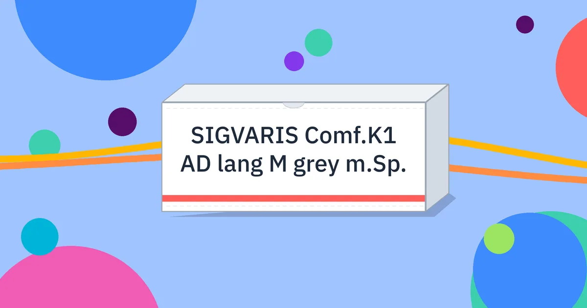 Symbolbild: Packung mit der Aufschrift SIGVARIS Comf.K1 AD lang M grey m.Sp. (PZN 17041581) – Verfügbarkeit und Bezug in Apotheken in Frankfurt am Main