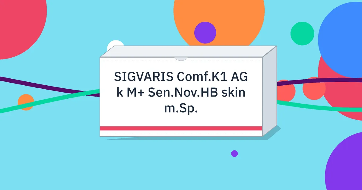 Symbolbild: Packung mit der Aufschrift SIGVARIS Comf.K1 AG k M+ Sen.Nov.HB skin m.Sp. (PZN 17102851) – Verfügbarkeit und Bezug in Apotheken in Frankfurt am Main