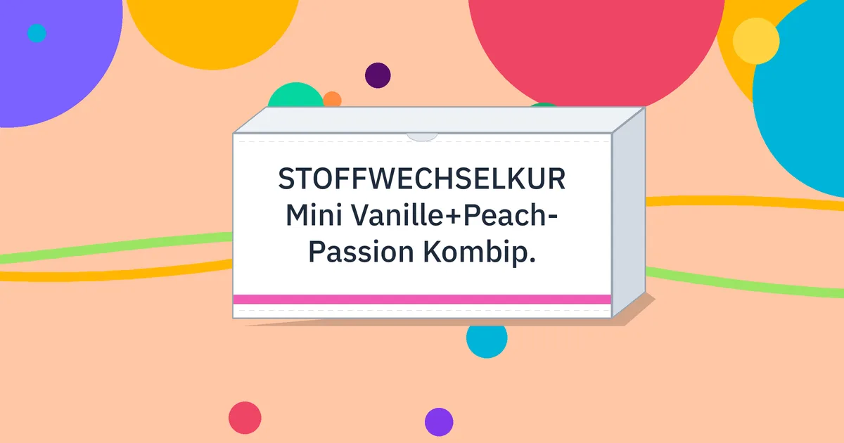 Symbolbild: Packung mit der Aufschrift STOFFWECHSELKUR Mini Vanille+Peach-Passion Kombip. (PZN 14044679) – Verfügbarkeit und Bezug in Apotheken in Frankfurt am Main