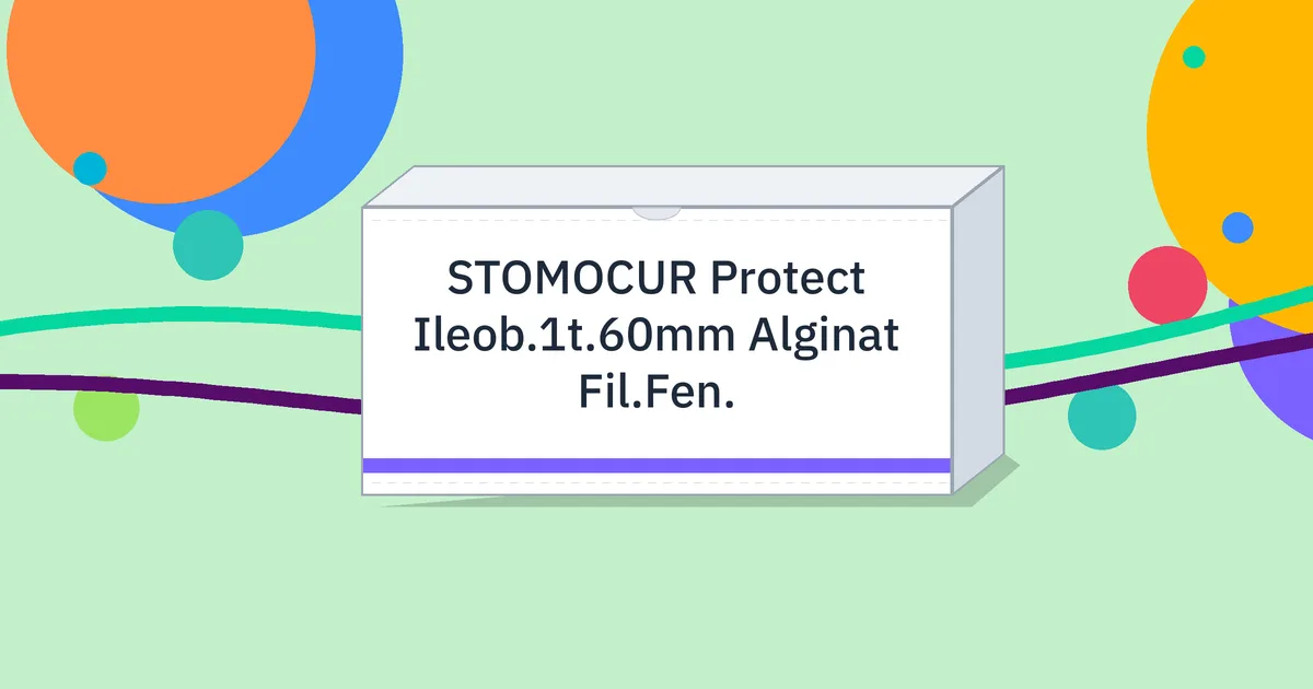 Symbolbild: Packung mit der Aufschrift STOMOCUR Protect Ileob.1t.60mm Alginat Fil.Fen. (PZN 16128771) – Verfügbarkeit und Bezug in Apotheken in Frankfurt am Main