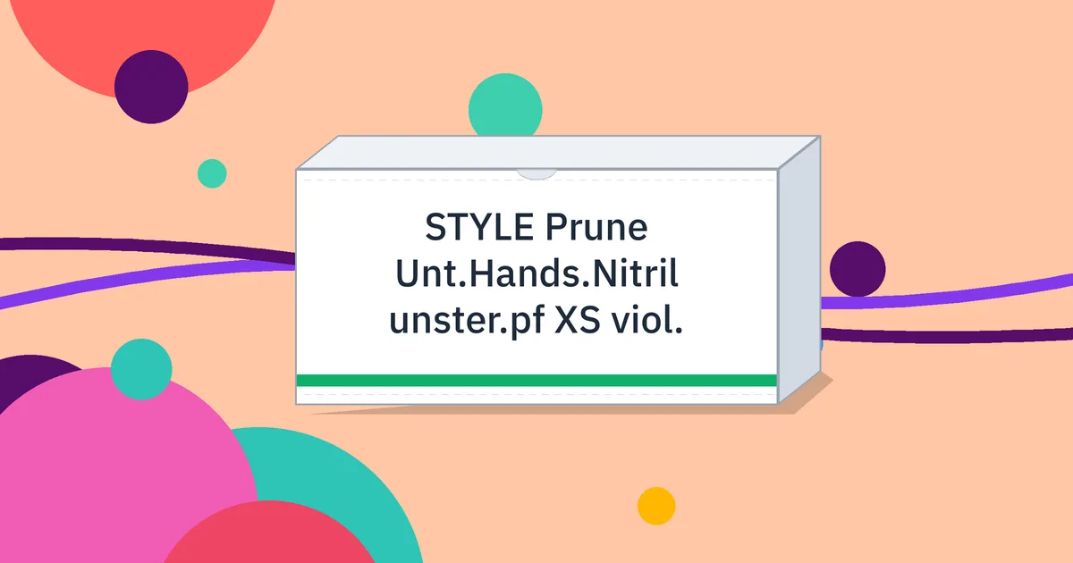 Symbolbild: Packung mit der Aufschrift STYLE Prune Unt.Hands.Nitril unster.pf XS viol. (PZN 14819784) – Verfügbarkeit und Bezug in Apotheken in Frankfurt am Main