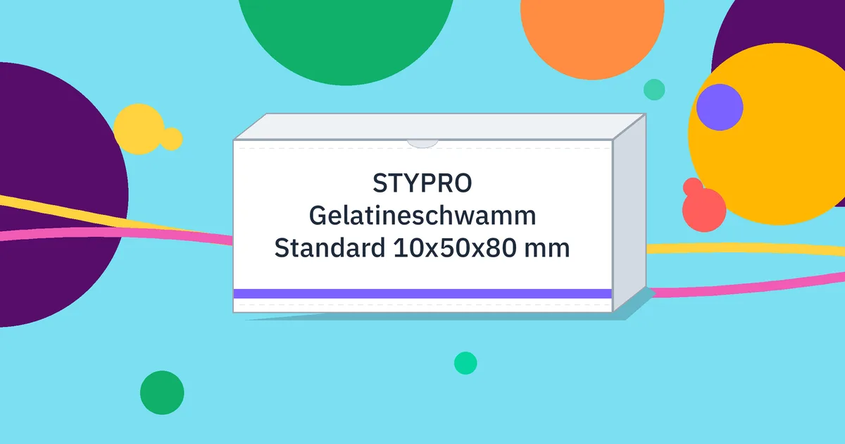 Symbolbild: Packung mit der Aufschrift STYPRO Gelatineschwamm Standard 10x50x80 mm (PZN 00104188) – Verfügbarkeit und Bezug in Apotheken in Frankfurt am Main