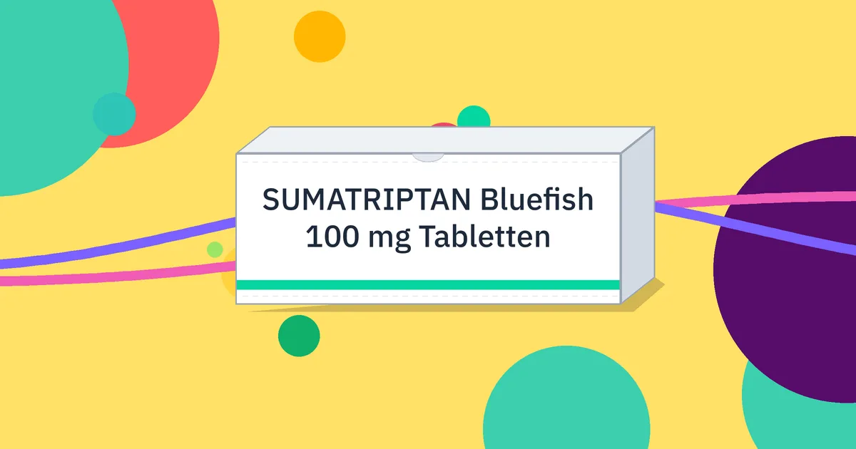 Symbolbild: Packung mit der Aufschrift SUMATRIPTAN Bluefish 100 mg Tabletten (PZN 09068666) – Verfügbarkeit und Bezug in Apotheken in Frankfurt am Main