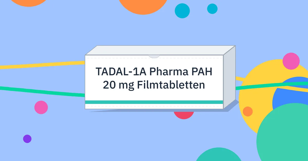 Symbolbild: Packung mit der Aufschrift TADAL-1A Pharma PAH 20 mg Filmtabletten (PZN 13475986) – Verfügbarkeit und Bezug in Apotheken in Frankfurt am Main