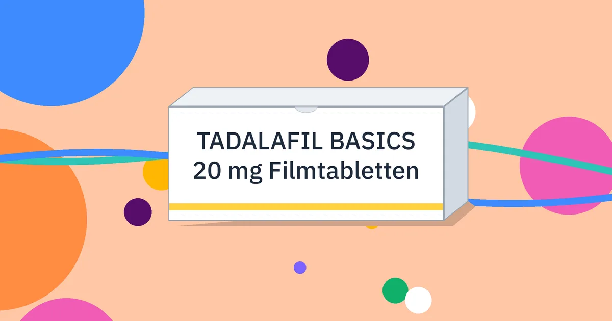 Symbolbild: Packung mit der Aufschrift TADALAFIL BASICS 20 mg Filmtabletten (PZN 14131272) – Verfügbarkeit und Bezug in Apotheken in Frankfurt am Main