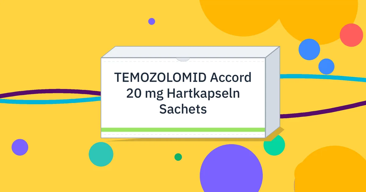 Symbolbild: Packung mit der Aufschrift TEMOZOLOMID Accord 20 mg Hartkapseln Sachets (PZN 17400471) – Verfügbarkeit und Bezug in Apotheken in Frankfurt am Main