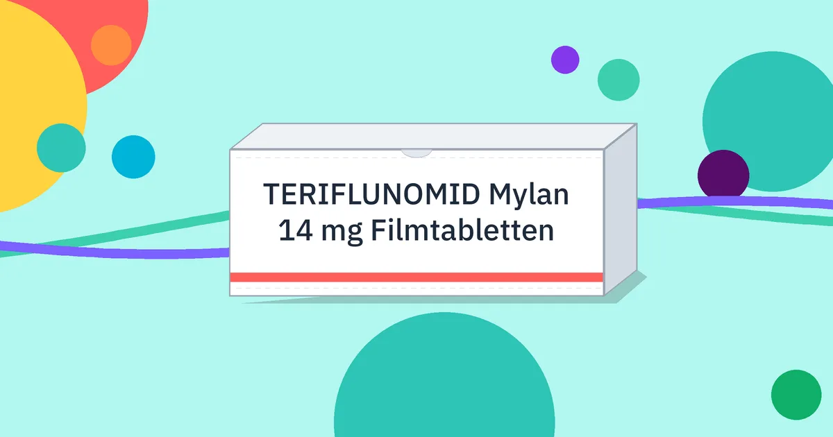 Symbolbild: Packung mit der Aufschrift TERIFLUNOMID Mylan 14 mg Filmtabletten (PZN 19204426) – Verfügbarkeit und Bezug in Apotheken in Frankfurt am Main