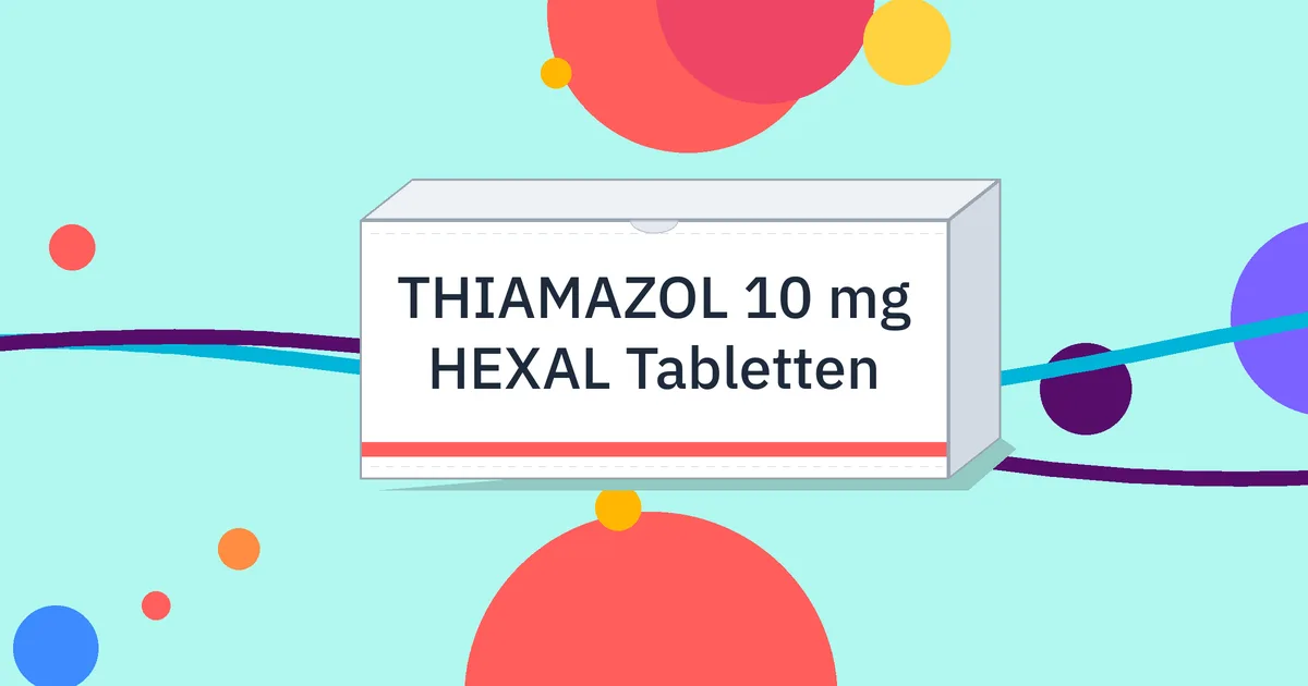 Symbolbild: Packung mit der Aufschrift THIAMAZOL 10 mg HEXAL Tabletten (PZN 01680698) – Verfügbarkeit und Bezug in Apotheken in Frankfurt am Main