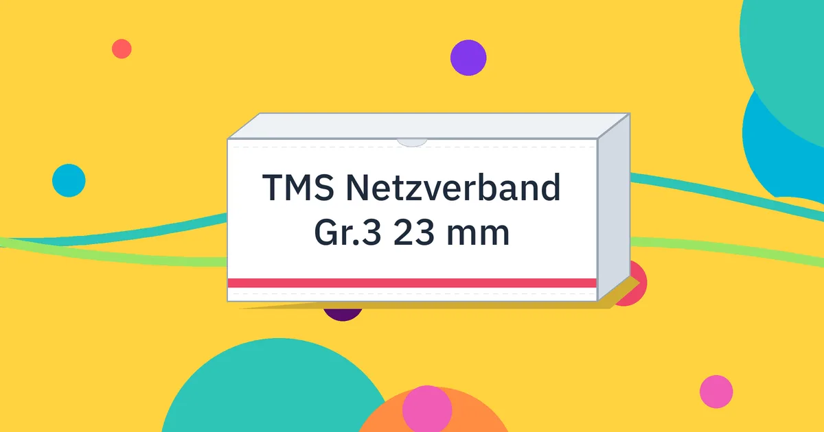 Symbolbild: Packung mit der Aufschrift TMS Netzverband Gr.3 23 mm (PZN 18316318) – Verfügbarkeit und Bezug in Apotheken in Frankfurt am Main