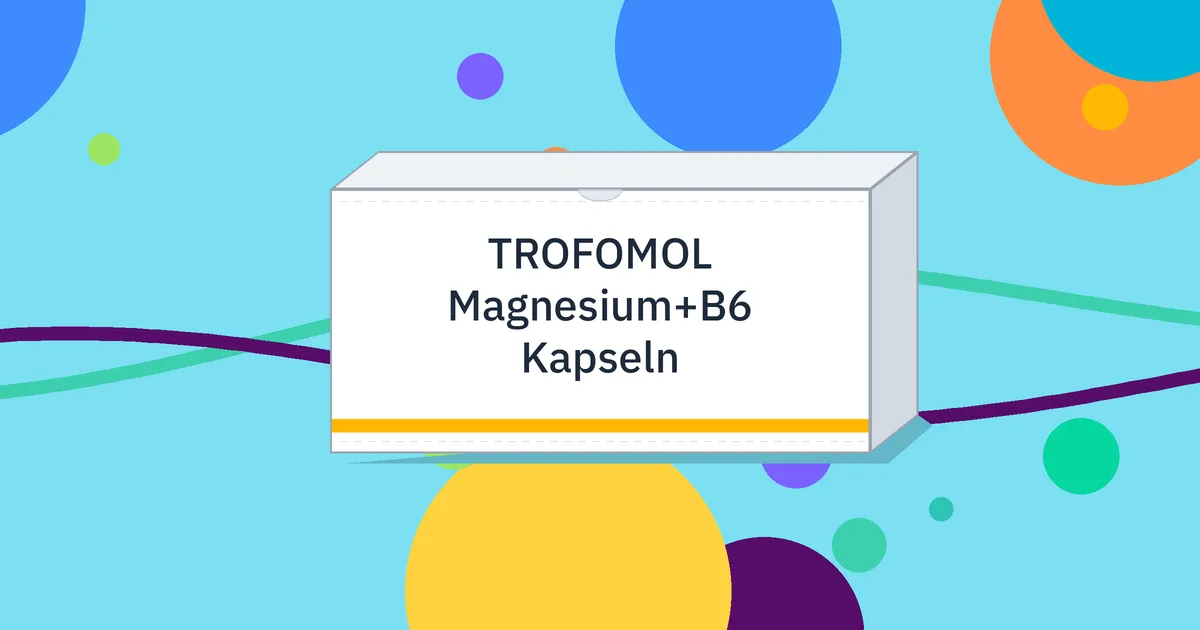 Symbolbild: Packung mit der Aufschrift TROFOMOL Magnesium+B6 Kapseln (PZN 20218474) – Verfügbarkeit und Bezug in Apotheken in Frankfurt am Main