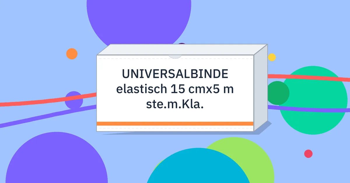 Symbolbild: Packung mit der Aufschrift UNIVERSALBINDE elastisch 15 cmx5 m ste.m.Kla. (PZN 06932124) – Verfügbarkeit und Bezug in Apotheken in Frankfurt am Main