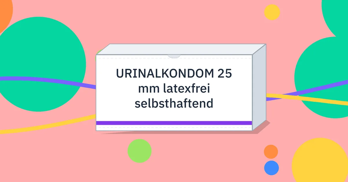 Symbolbild: Packung mit der Aufschrift URINALKONDOM 25 mm latexfrei selbsthaftend (PZN 11351145) – Verfügbarkeit und Bezug in Apotheken in Frankfurt am Main
