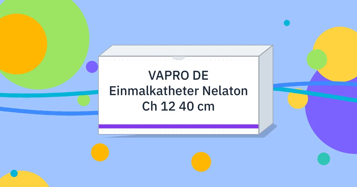 Symbolbild: Packung mit der Aufschrift VAPRO DE Einmalkatheter Nelaton Ch 12 40 cm (PZN 17675096) – Verfügbarkeit und Bezug in Apotheken in Frankfurt am Main