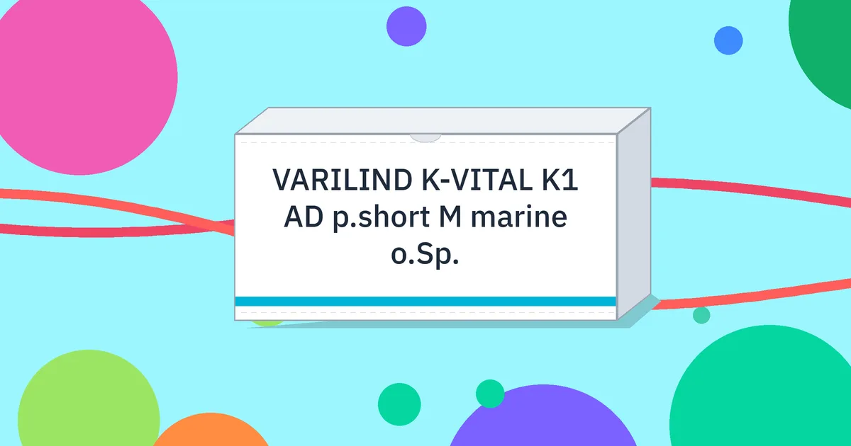 Symbolbild: Packung mit der Aufschrift VARILIND K-VITAL K1 AD p.short M marine o.Sp. (PZN 20566471) – Verfügbarkeit und Bezug in Apotheken in Frankfurt am Main