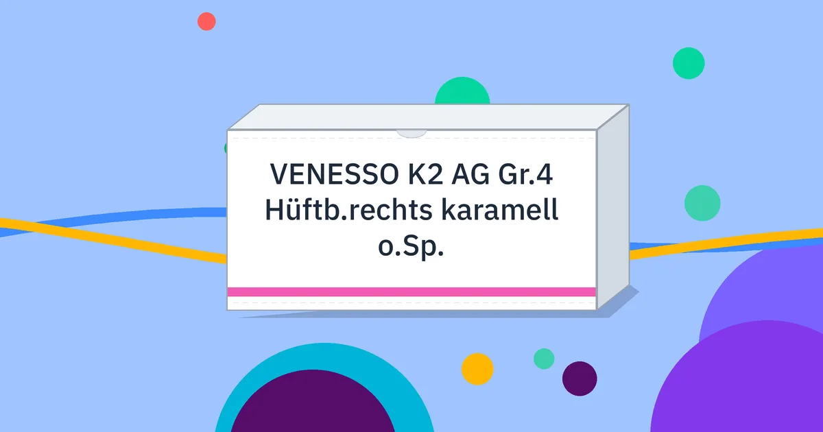 Symbolbild: Packung mit der Aufschrift VENESSO K2 AG Gr.4 Hüftb.rechts karamell o.Sp. (PZN 13761700) – Verfügbarkeit und Bezug in Apotheken in Frankfurt am Main