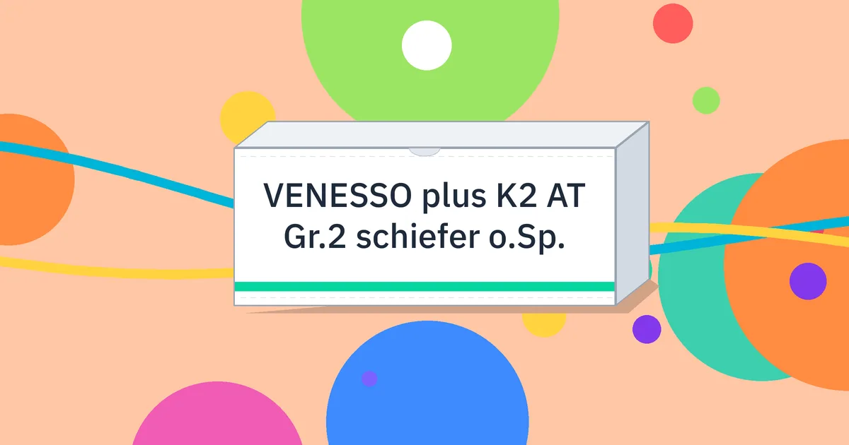 Symbolbild: Packung mit der Aufschrift VENESSO plus K2 AT Gr.2 schiefer o.Sp. (PZN 03288510) – Verfügbarkeit und Bezug in Apotheken in Frankfurt am Main