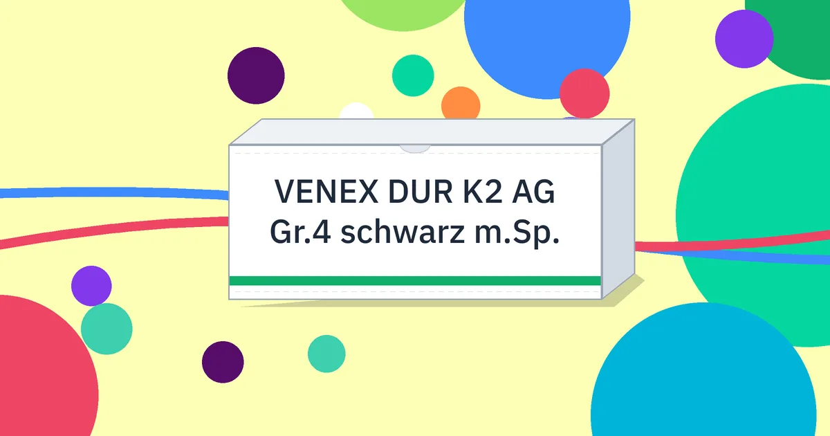 Symbolbild: Packung mit der Aufschrift VENEX DUR K2 AG Gr.4 schwarz m.Sp. (PZN 03213995) – Verfügbarkeit und Bezug in Apotheken in Frankfurt am Main