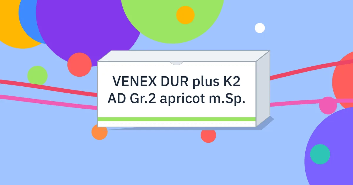 Symbolbild: Packung mit der Aufschrift VENEX DUR plus K2 AD Gr.2 apricot m.Sp. (PZN 03233265) – Verfügbarkeit und Bezug in Apotheken in Frankfurt am Main