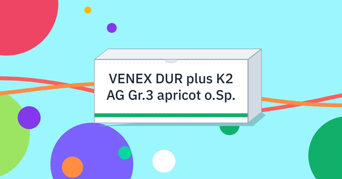 Symbolbild: Packung mit der Aufschrift VENEX DUR plus K2 AG Gr.3 apricot o.Sp. (PZN 03236022) – Verfügbarkeit und Bezug in Apotheken in Frankfurt am Main