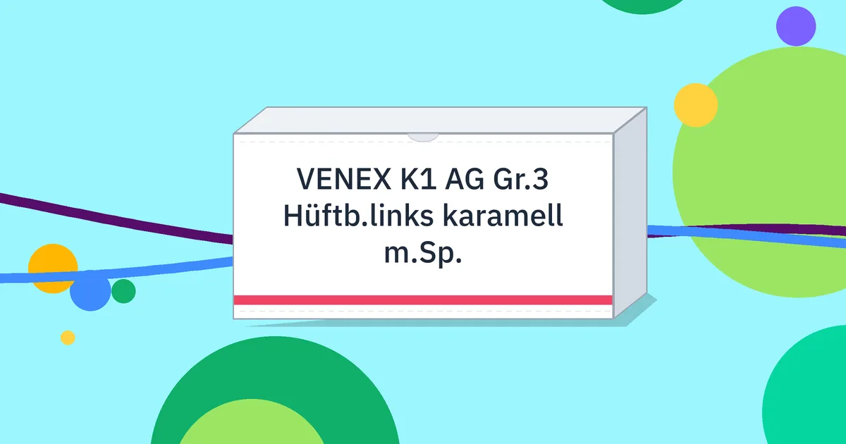 Symbolbild: Packung mit der Aufschrift VENEX K1 AG Gr.3 Hüftb.links karamell m.Sp. (PZN 13760936) – Verfügbarkeit und Bezug in Apotheken in Frankfurt am Main