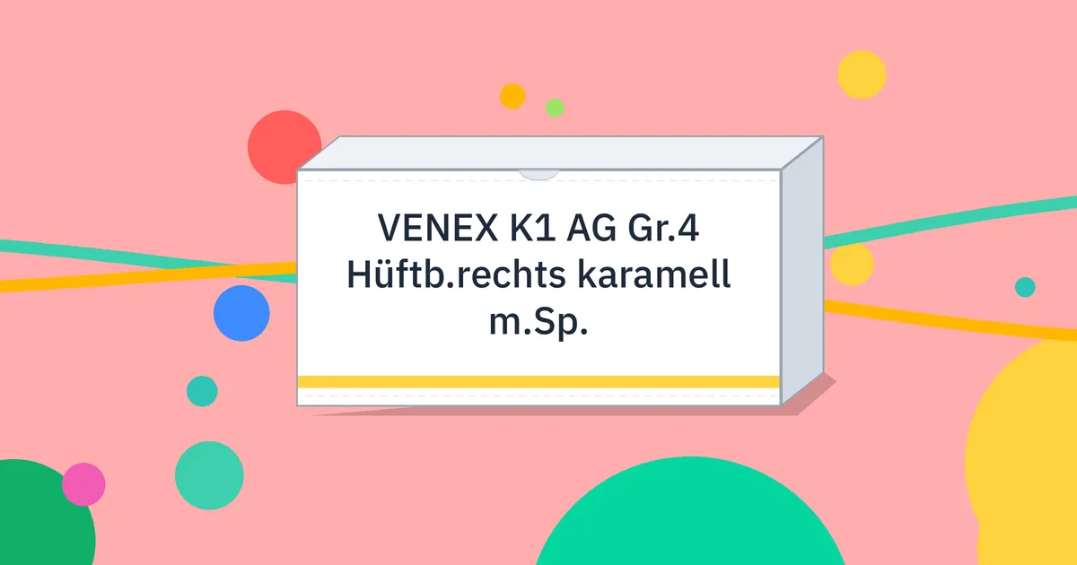 Symbolbild: Packung mit der Aufschrift VENEX K1 AG Gr.4 Hüftb.rechts karamell m.Sp. (PZN 13760853) – Verfügbarkeit und Bezug in Apotheken in Frankfurt am Main
