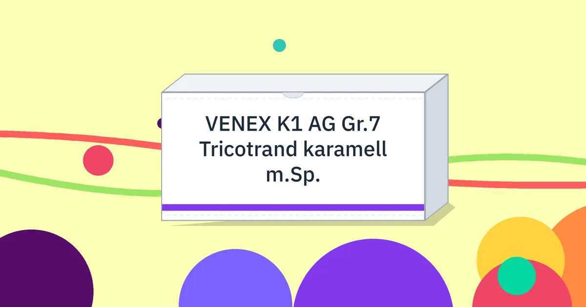 Symbolbild: Packung mit der Aufschrift VENEX K1 AG Gr.7 Tricotrand karamell m.Sp. (PZN 13762680) – Verfügbarkeit und Bezug in Apotheken in Frankfurt am Main