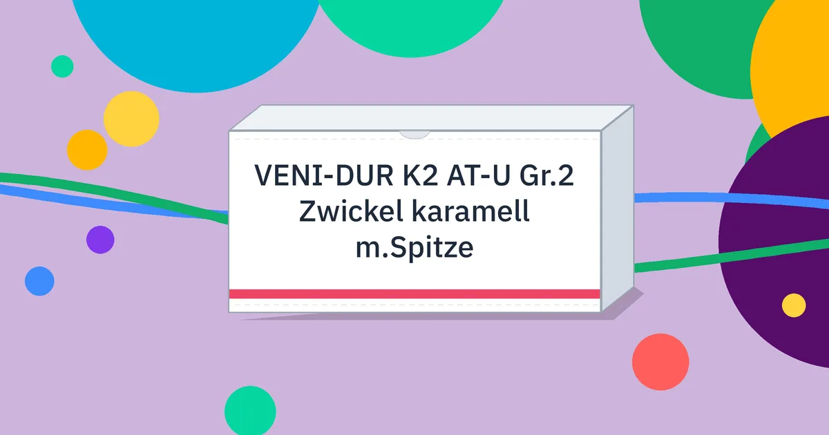 Symbolbild: Packung mit der Aufschrift VENI-DUR K2 AT-U Gr.2 Zwickel karamell m.Spitze (PZN 13758916) – Verfügbarkeit und Bezug in Apotheken in Frankfurt am Main