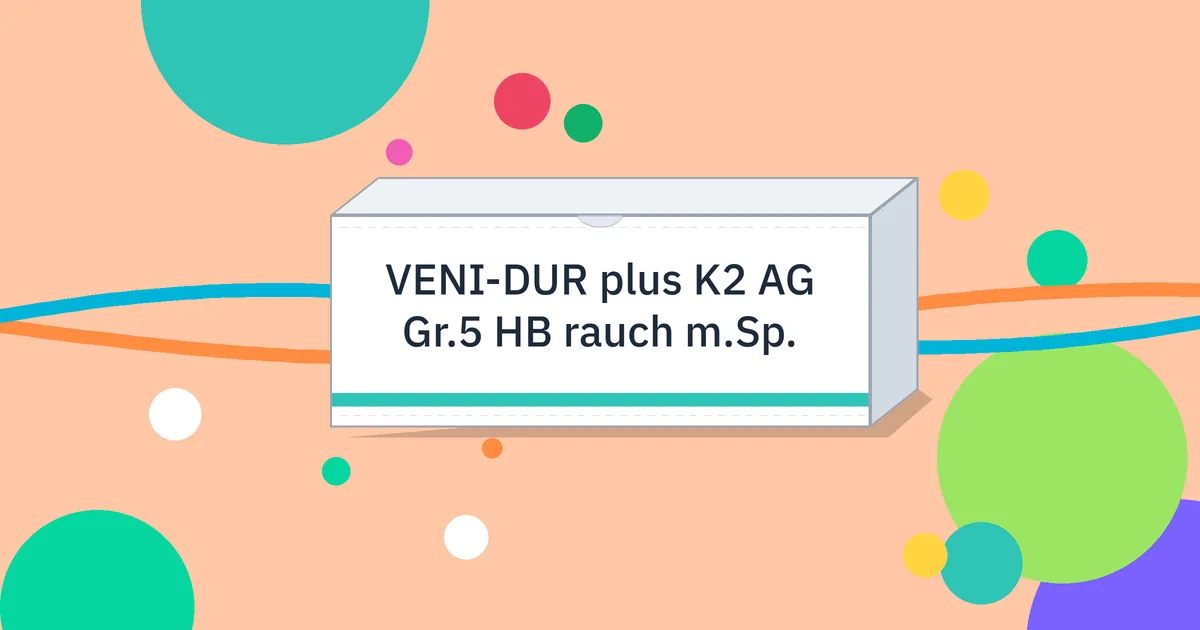 Symbolbild: Packung mit der Aufschrift VENI-DUR plus K2 AG Gr.5 HB rauch m.Sp. (PZN 03254764) – Verfügbarkeit und Bezug in Apotheken in Frankfurt am Main