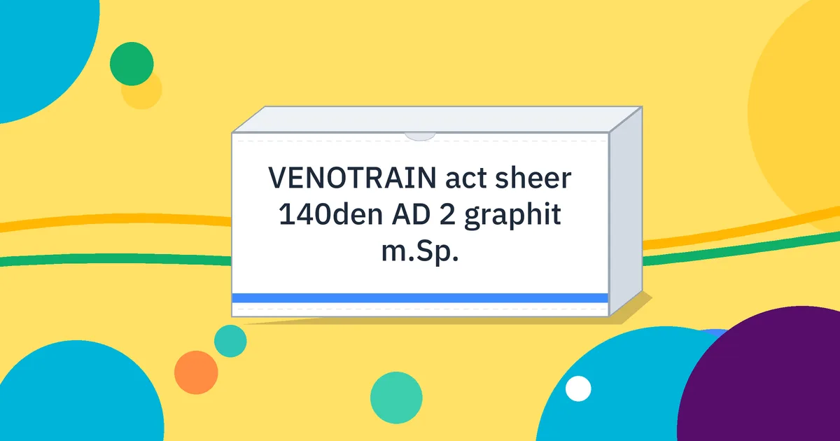 Symbolbild: Packung mit der Aufschrift VENOTRAIN act sheer 140den AD 2 graphit m.Sp. (PZN 16209162) – Verfügbarkeit und Bezug in Apotheken in Frankfurt am Main